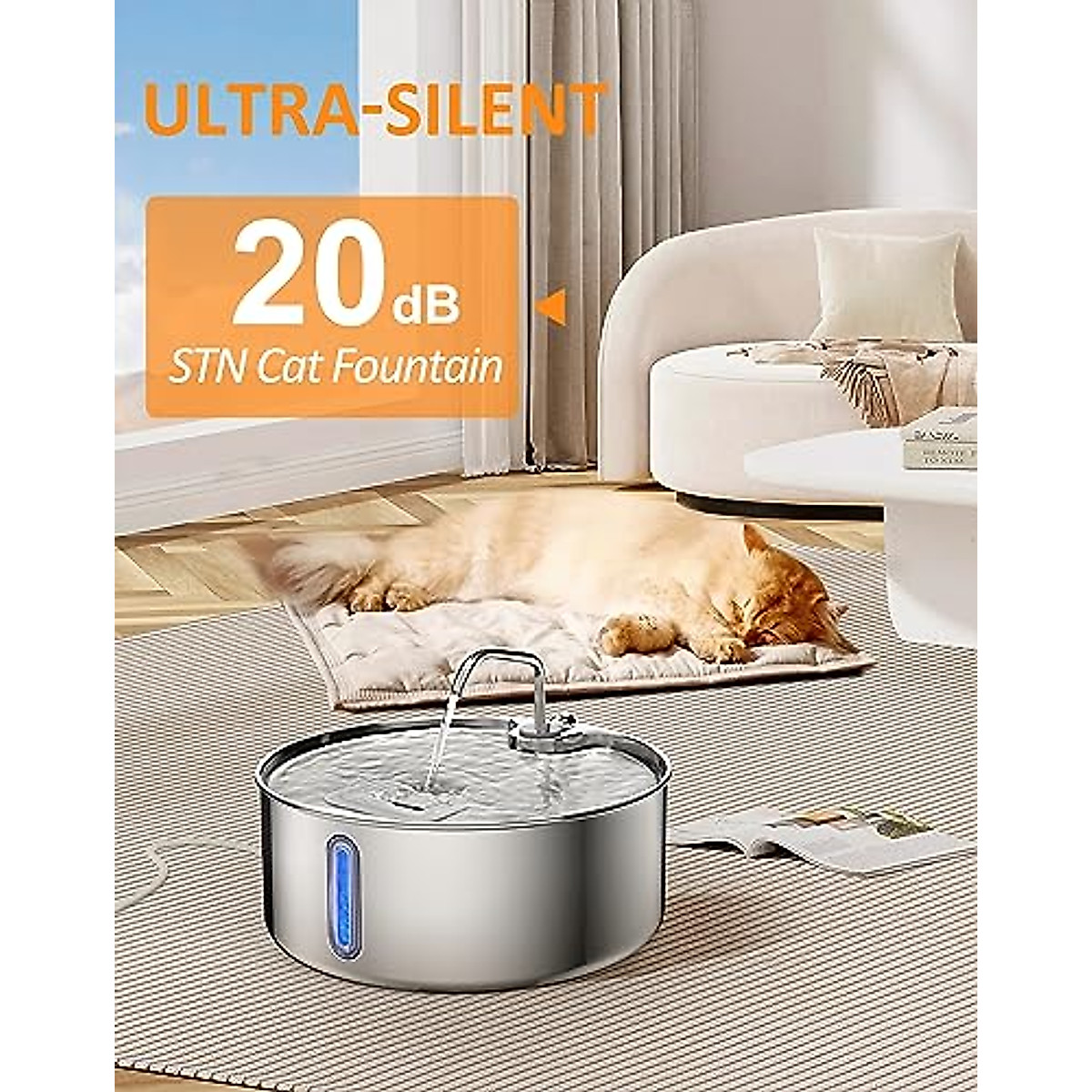 STN Cat Water Fountain 118oz/3.5L Stainless Steel Cat Fountain with Water Level Window,Ultra-Quiet and Durable Pump,3 Replacement Filters