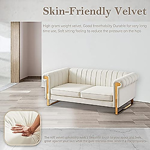 Koruiten Velvet Sofa Couch, Mid-Century Modern Couch with Arms and Removable Cushions, 84 Inch Love Seats Furniture for Living Room & Bedroom (White)