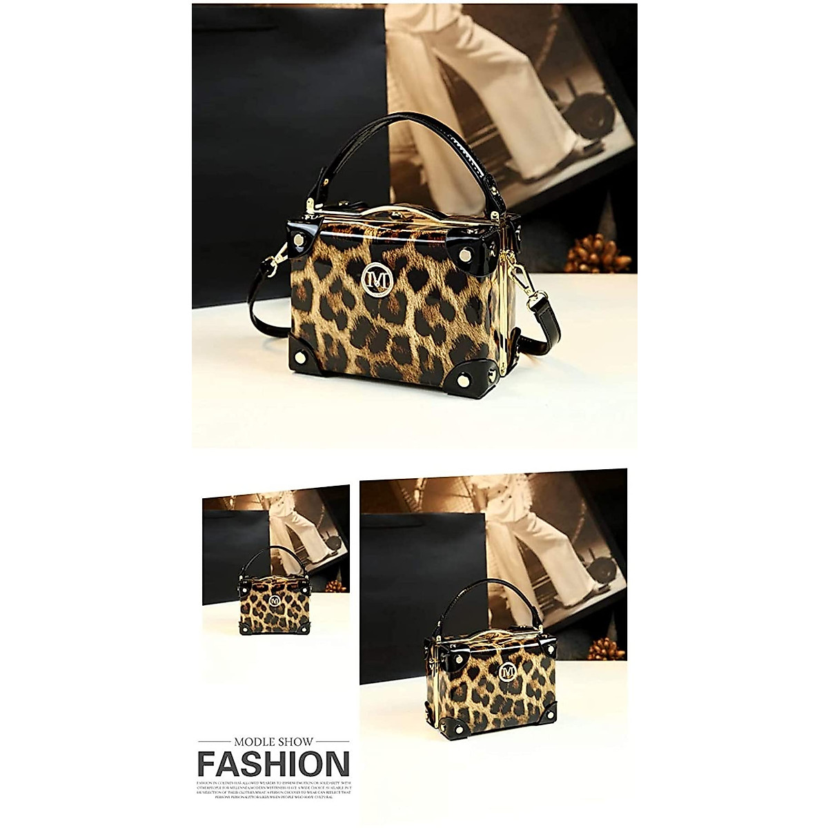 HANSOMFY Fashion Women's Top Handle Satchel Handbags Leather Evening Bag Purses Small Hard Square Box Shoulder Bags (Leopard)