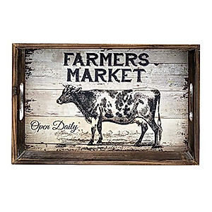 DeliDecor Large Decorative Serving Trays with Handle, Set of 3 Nesting Rustic Wooden Organizer Distressed Farmers Market Farmhouse Decor with Cow Pattern, Coffee Food Platters, Open Daily 17"x12.5"