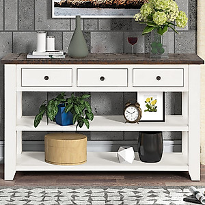 Gecheer 48" Solid Pine Wood Top Console Table, Modern Entryway Sofa Side Table with 3 Storage Drawers and 2 Shelves. Easy to Assemble (Antique White+ Brown Top) 2497B
