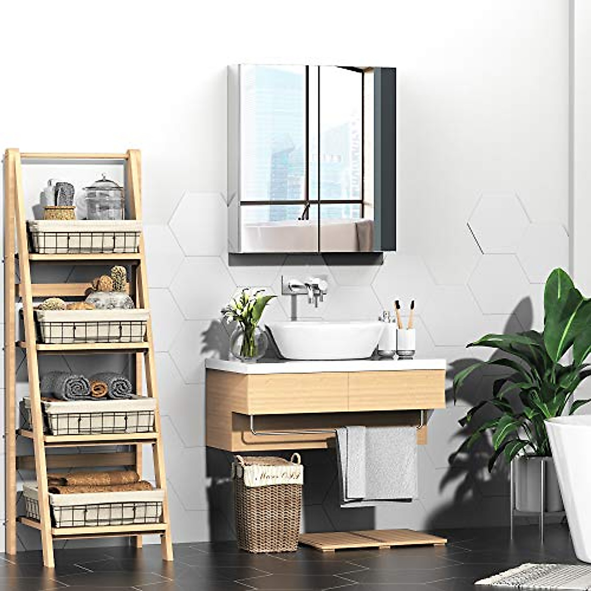 kleankin Bathroom Mirrored Cabinet, 24"x26" Stainless Steel Frame Medicine Cabinet, Wall-Mounted Storage Organizer with Double Doors, Silver