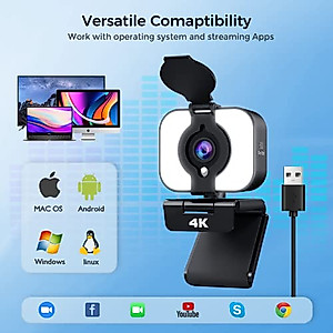 4K Webcam, USB Webcam with Microphone Privacy Cover UHD Built-in Ring Light Streaming Webcams for PC/MAC/Laptop, Plug and Play Web Camera for Video Calling, Study, Gaming, Online Classes, Conference