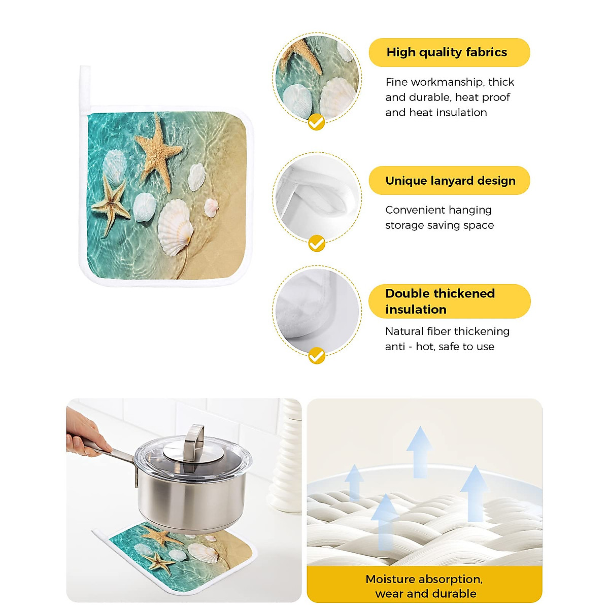 4 Pack Pot Holders Heat Insulation Hot Pads, Ocean Starfish Coastal Shell Washable Oven Pot Holder Set for Kitchen Summer Sea Beach Potholders for Baking Cooking Dining Table