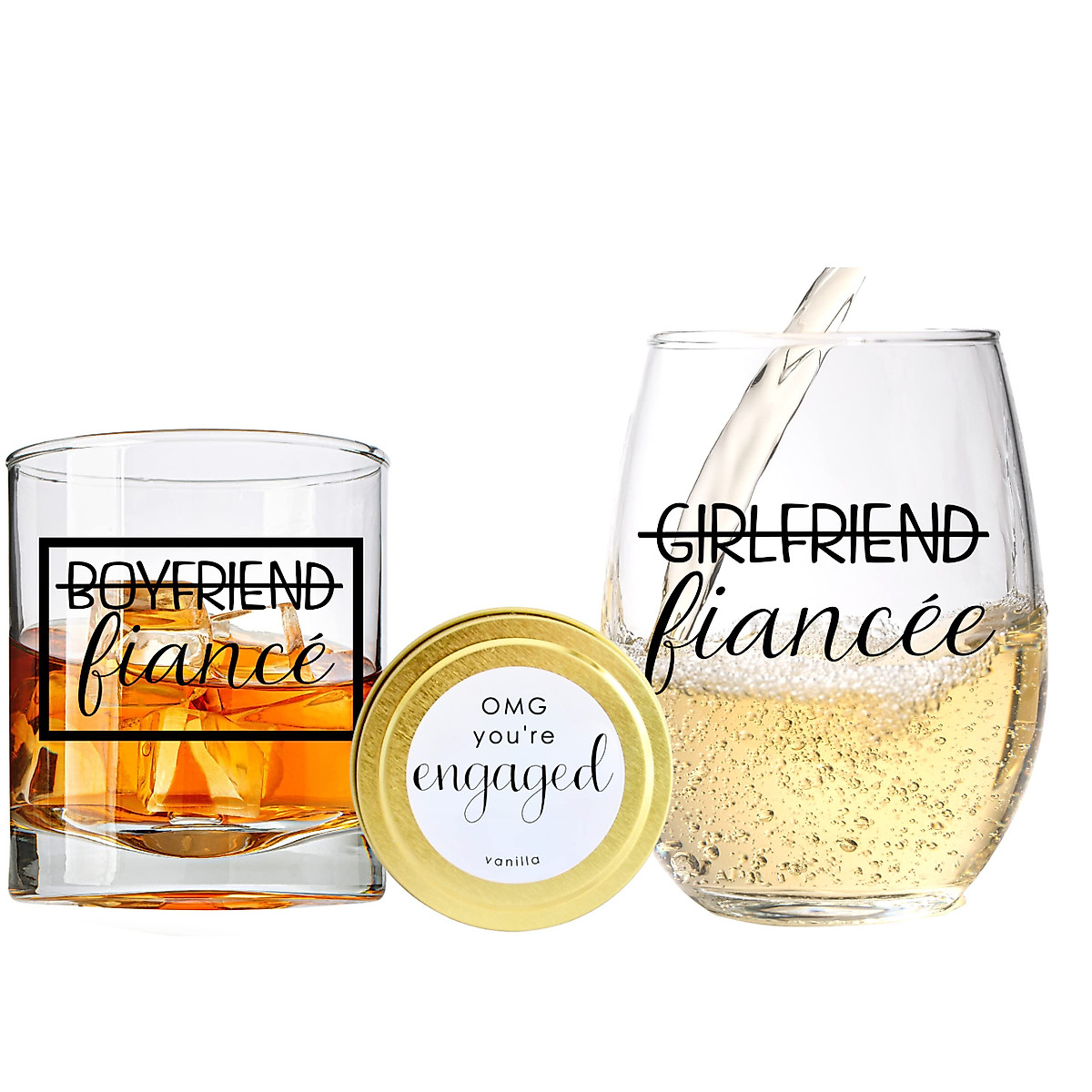 Engagement Gift Set for Couples - Boyfriend and Girlfriend Wine and Whiskey Glass With Candle - Fiance Fiancee Gift for Him and Her - His and Hers With Vanilla Scented Candle For Mr and Mrs