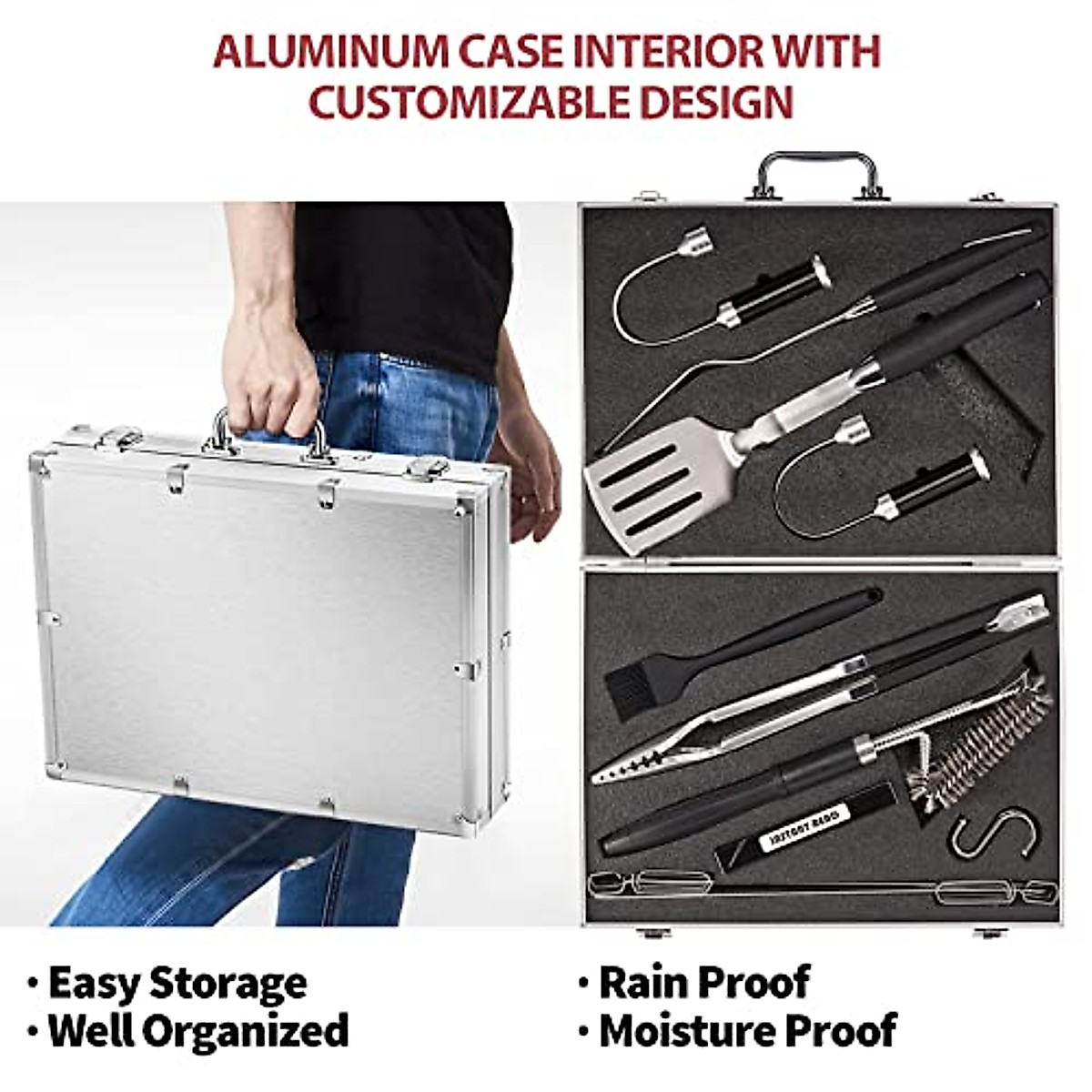 BBQ Grill Tools Set Grilling Accessories -Deluxe Birthday Gifts for Dad or Men,19 Pcs Stainless Steel Grill Kits with Large Brushed Aluminnum Case, 18” Professional Barbecue Utensils for Outdoor Grill