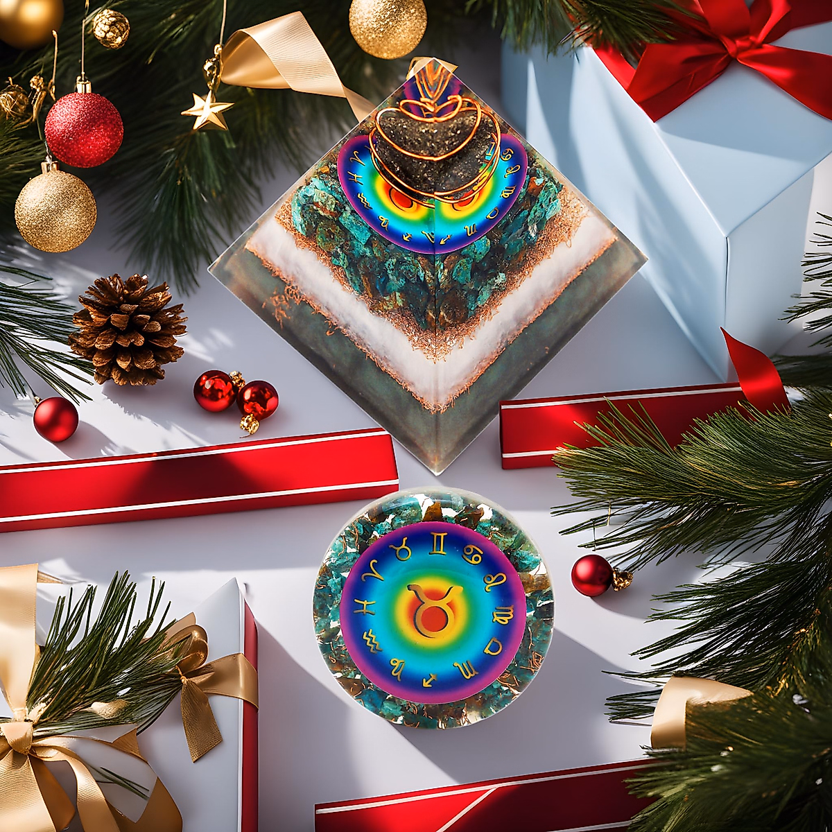 Horoscope Orgone Pyramid & Palm Stone Set, Healing Crystal Taurus Zodiac Sign Gift Set Made of Pyrite & Crysocolla for Self-Expression and Truth