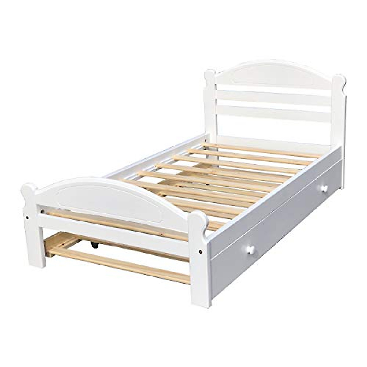 Twin Trundle Bed White Finish Solid Pine Wooden Arizona Trundle Bed 39 x 75 in Wooden Slats Support Unfinished Bedroom Single Wooden Bed Frame Hand Finished