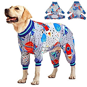 LovinPet Large Dog Wound Care/Surgery Recovery Clothes, Large Dog Pajamas, Lightweight Stretchy Jersey Knit, Galaxy World Gray Print, Big Dog Jammies,UV Protection,Large Breed Dog Onesie, Pet PJ's/XL