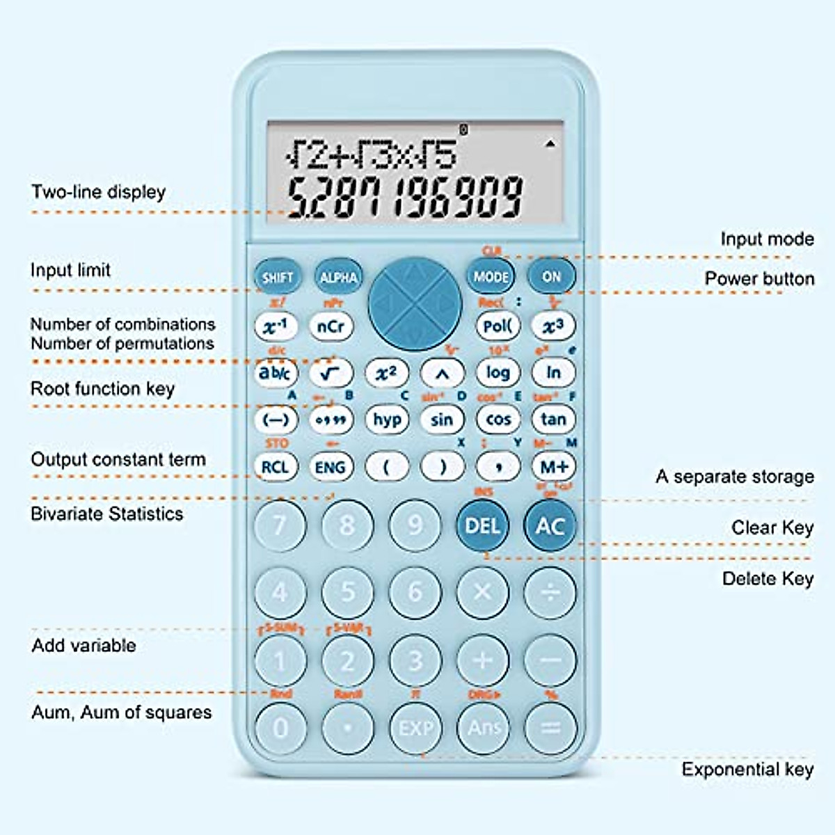 Altsuceser 2 Line Electronic Scientific Calculator 240 Functions Arithmetic Calculator Large Display Math Calculator for Student Teacher Classroom High School College School Business Offices Blue