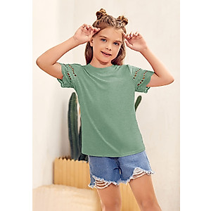 Geckatte Kids Girls' T-Shirts Short Sleeve Crewneck Cutout Summer Casual Solid Basic Tee Shirts Tops 5-14 Years Light Green