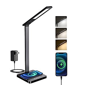 Flymuda LED Desk Lamp with 15W Wireless Charger & USB Charging Port, EyeCare Desk Light with 3 Lighting Modes, 5 Brightness Levels, Touch Control, 24W Adapter, Black Desk Lamp for Home Office