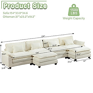 VUYUYU 154" Oversized Modern U Shaped Sectional Sofa with Convertible Chaise, Chenille Fabric Comfy Cloud Couch Deep Sectional Sofa with Ottomans for Living Room (Beige White, U-Shaped)