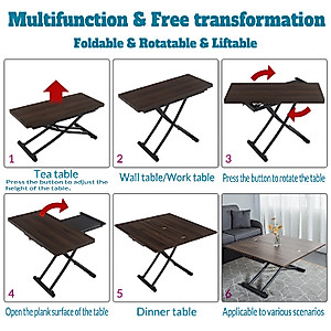 MYSELFLY Living Room Dinning Tables Folding Metal Lift Bracket Multifunction Transform Dinner Kitchen Coffee Tea End Table in Home Wood Desktop Design 40x35 Walnut