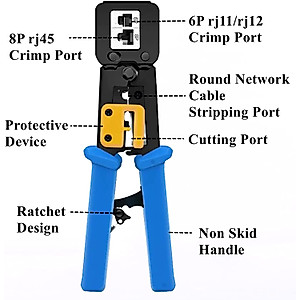 Gaobige rj45 Crimping Tool for Cat6 Cat5e Cat5, Sturdy Crimper for rj45 rj12/11 Pass-Through Connectors with 50pcs rj45 Cat5e Pass-Through Connectors, 50pcs Covers, Wire Stripper; Network Cable Tester