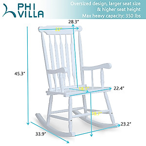 PHI VILLA Outdoor Wood Rocking Chair, Oversized Acacia Wood Slat Back Rocker Chairs for Patio, Deck, Balcony, Porch and Indoor, 30° Safe Recline Support 350 lbs - White