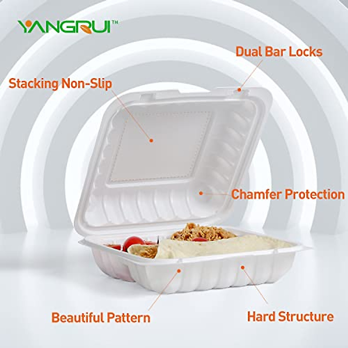 YANGRUI Clamshell Food Containers, 100 Pack Large Capacity 9 Inch 41 OZ Clean Film Package Meal Prep Container BPA Free Microwave Freezer Safe 3 Compartments Plastic To Go Containers