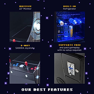 Creative Outdoor Distributor Full Size Stand-Up Commercial Grade Arcade Machine-2 Player, 60 Games, 22 LCD Screen, 2 Sanwa Joysticks, Trackball, Built-in Fridge, 2 Stools Included