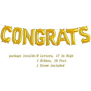 Tellpet Congrats Foil Letter Balloons, Graduation, Wedding, Bridal Party Supplies Decorations, Gold, 16 Inch