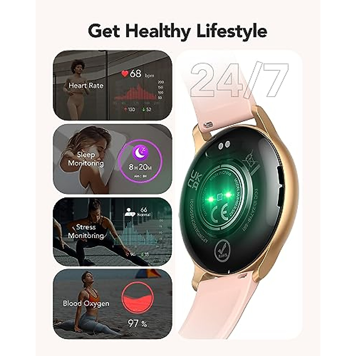 AGPTEK Smart Watch for Women(Answer/Make Calls) - Smartwatch for Android iOS Phones with Heart Rate Sleep Monitor Step Counter, Fitness Tracker Watch with 100+ Sports Modes, Pink