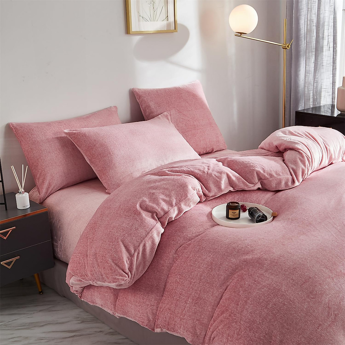 YASMENG Fluffy Velvet Duvet Cover Set Blush Pink Queen Size Fall Winter Soft Warm Flannel Comforter Cover Girls Pink 90" x 90" Luxury Cozy Plush Fleece Reversible Bedding Duvet Cover Set Pale Pink