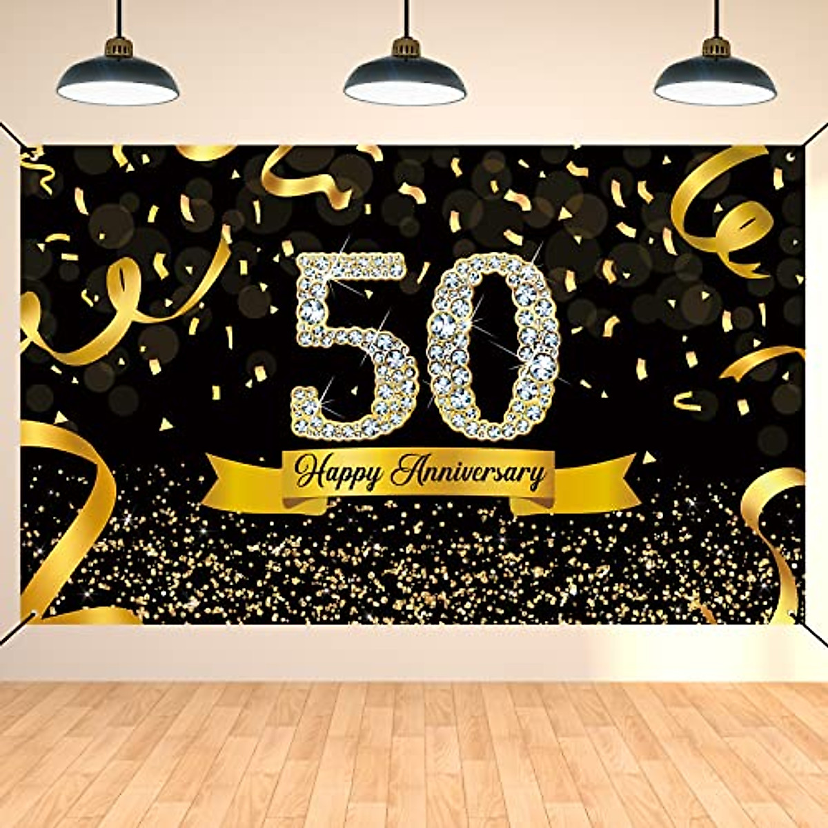 DARUNAXY Black Gold 50th Anniversary Party Decorations Happy 50th Anniversary Banner Cheer to 50 Years Backdrop 50 Wedding Anniversary Party Supplies for Parent 50th Anniversary Photography Background