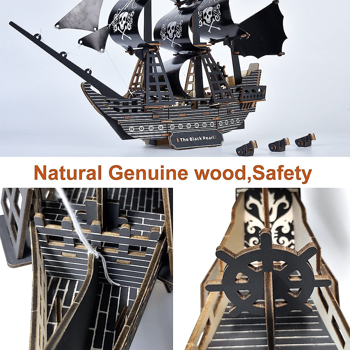 Jigtoy 3D Wooden Puzzle - 22.9" Large Black Pearl Pirate Ship Puzzles - Fun & Educational DIY Ship Building Kit - Easy to Assemble for Kids and Adults - Unique Decoration Toy 141 Pieces