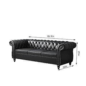 wirrytor Chesterfield Classic Sofa, Modern Leather 3 Seater Sofa, Upholstered Tufted Back Settee Couch with Rolled Arms Nailhead Trim for Living Room Bedroom(Black)