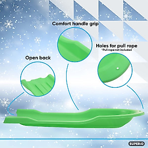Superio Toboggan Snow Sleds, 4 Pack- 46” Plastic Open Back Slider for Kids and Adults- Heavy Duty Sleds with Holes for Pull Ropes (Ropes Excluded) for Downhill Sledding, Winter Outdoor Sports, (Green)