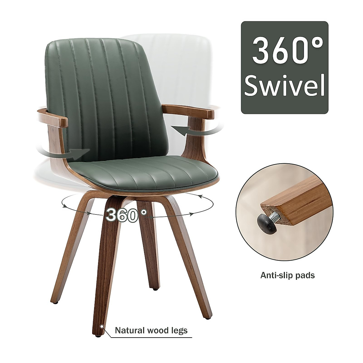 MCM Dining Chairs, Set of 2 Faux Leather Dining Chairs with Walnut Craftsmanship, Upholstered Faux Leather, Wooden Arms and Legs, Green Leather Dining Chair for Kitchen/Living Room (Green, Swivel)