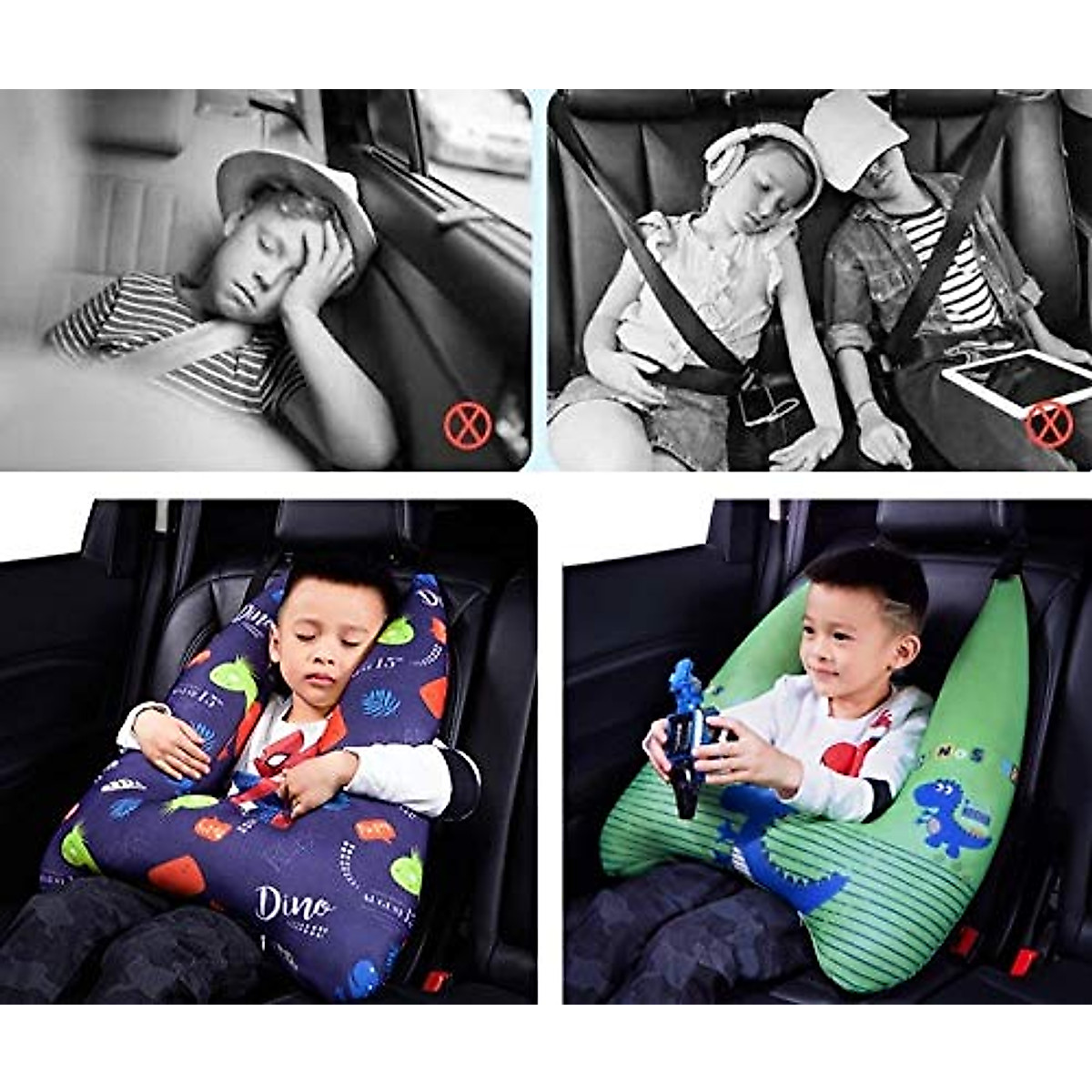 Kids Car Pillow with Head and Neck Support | Adjustable with Seatbelt | Soft and Snug Car Headrest Pillow | Best for Children When Traveling - Black Suede