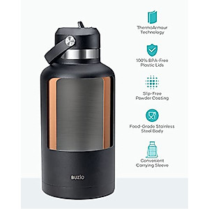 BUZIO 64oz Insulated Water Bottle with Straw Spout Lid, Half Gallon Double Wall Vacuum Stainless Steel Food-Grade Water Jug with Carrying Sleeve, Wide Mouth Leak Proof Water Flask, Keep Cold Hot