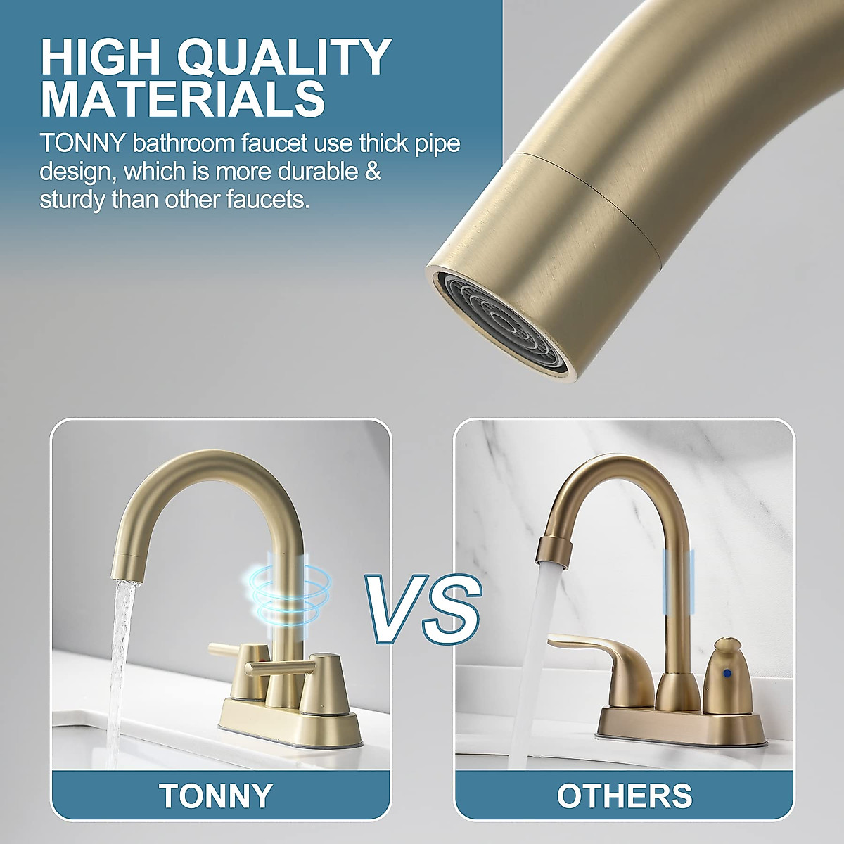 TONNY Gold Bathroom Faucet, 4-Inch Centerset Bathroom Faucet, 2 Handle Bathroom Sink Faucet with Water Supply Lines and Pop Up Drain Bathroom Faucets Brushed Gold