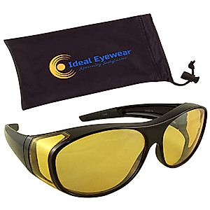 Ideal Eyewear Night Driving Wear Over Glasses Yellow Lens Fit Over Glasses (Black Frame with case, Large)