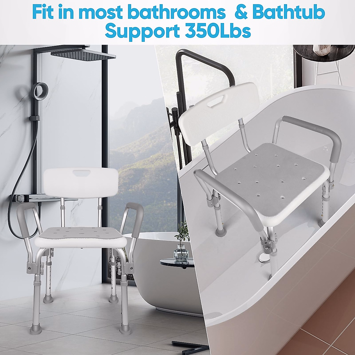 2024 New Shower Chair with Arms and Back,6 Levels Height Adjustable Shower Chair for Elderly and Disabled,Tool-Free Shower Seat for Bathtub,Shower Bath Chair for Elderly/Disabled