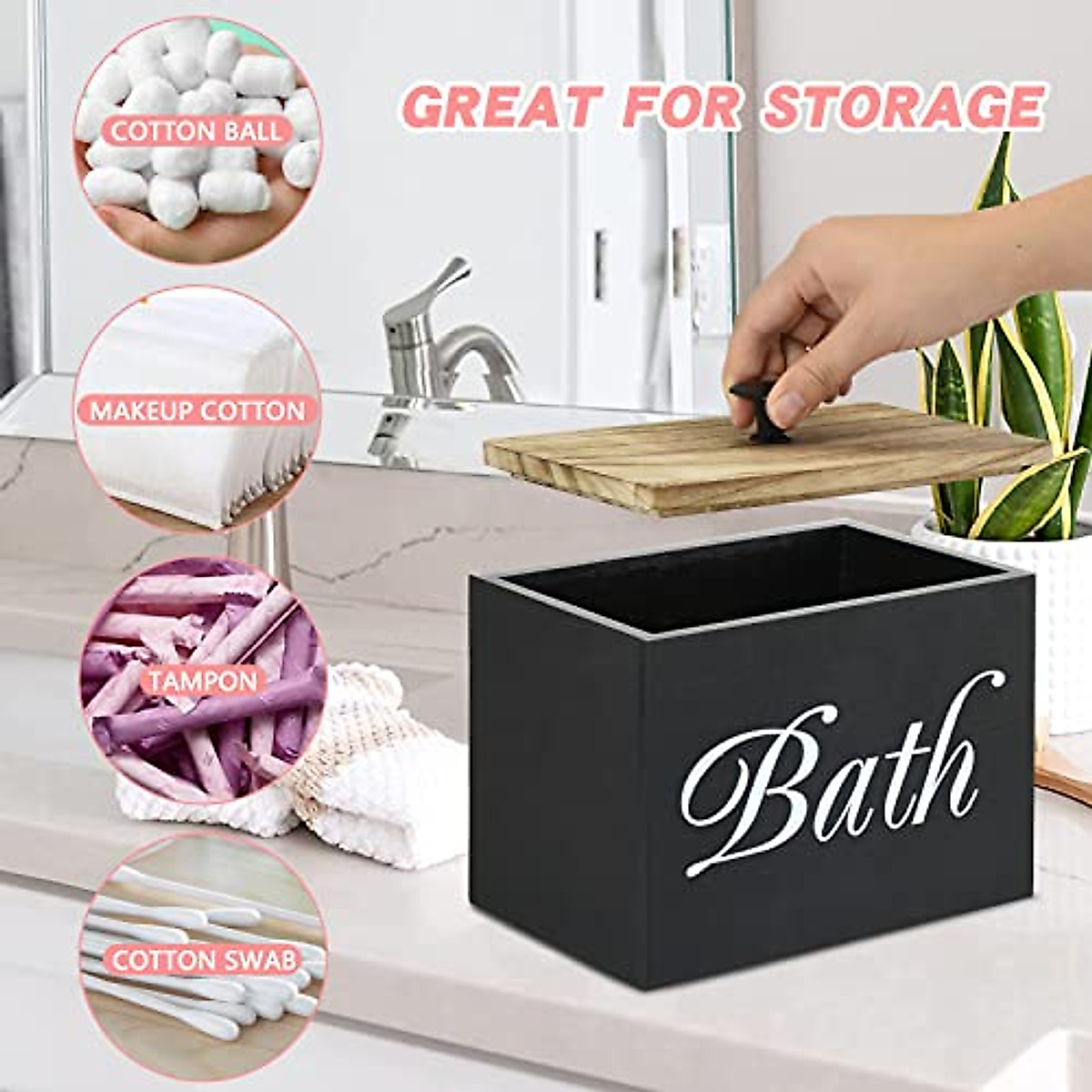 Tampon Storage Bathroom Container with Lid, Tampon Holder for Bathroom, Countertop Organizer Storage Box Tampons and Pad Organizer, Wood Movable Partition Feminine Product Organizer for Cosmetics