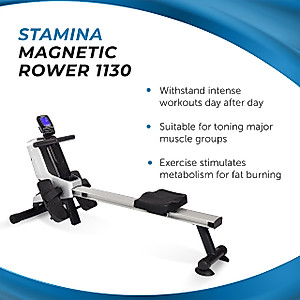 Stamina Magnetic Rower 1130 - Rower Machine with Smart Workout App - Rowing Machine with Magnetic Resistance for Home Gym Fitness - Up to 250 lbs Weight Capacity - Upgraded Silver