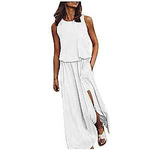 Vestidos Casuales para Mujer, Summer Dresses for Women 2023 Beach Mini Dress Long Sleeve Tshirt Tank Dresses Casual Sleeveless Casual Solid-Color Swing Dresses Party Round Neck (L, White)