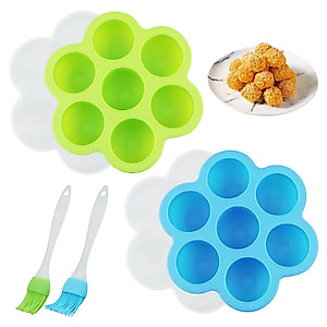 Silicone Air Fryer Egg Bite Mold, 2 Pcs Reusable Egg Bites Pan with Lid + 2 Pcs Oil Brushes - Non-Stick Air Fryer Egg Mold Cupcake Mold, Air Fryer Accessories(2 Set)