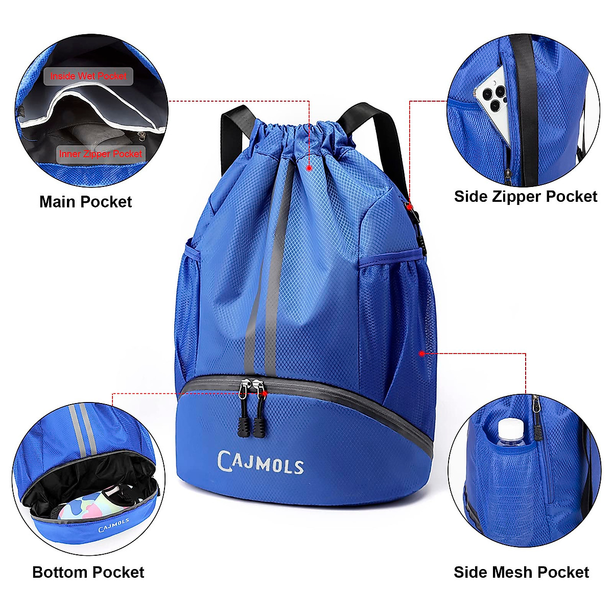 Cajmols Drawstring Backpack with Ball Compartment Water Resistant Sport Equipment Bag for Soccer Volleyball Baseball Softball Football Yoga Swimming (Q-Blue)