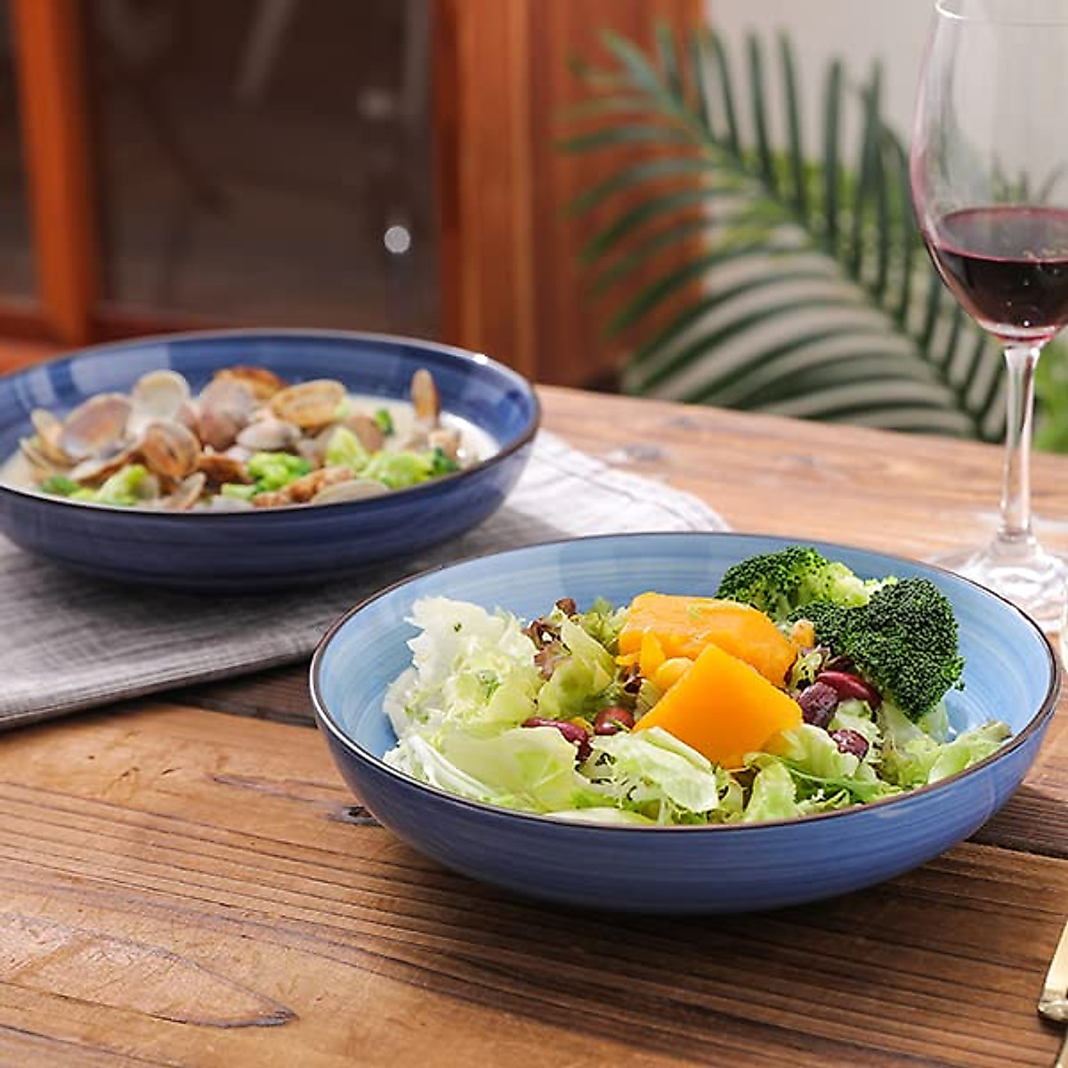 Selamica Porcelain 26 Ounce Salad Pasta Bowls, 8 inch Wide and Shallow Serving bowls, Microwave & Dishwasher Safe, Sturdy & Stackable, Set of 6, Gradient Blue