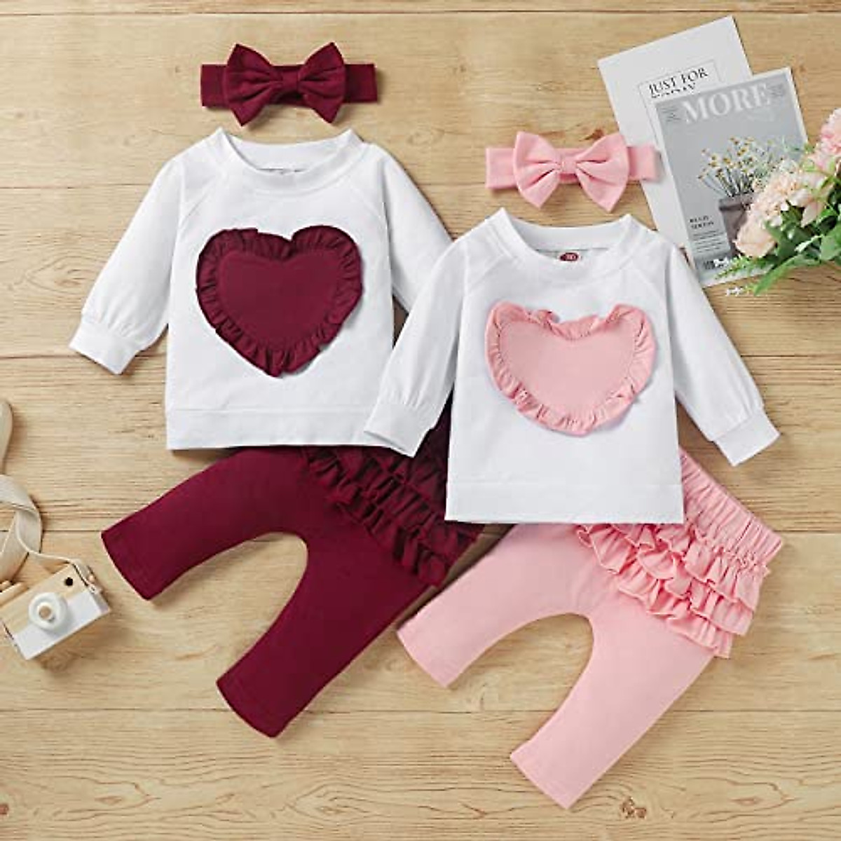 Dimoybabe Baby Girl Clothes Infant Outfits Set 3 Pieces Long Sleeve Sweatshirt Love Heart + Ruffle Pants + Headband 3-6 Months, Red
