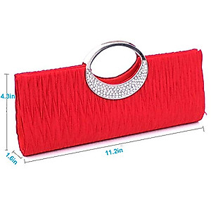 TOPCHANCES Women's Evening Party Rhinestone Satin Pleated Evening Wedding Party Clutch Purse Wallet Handbag (Red)