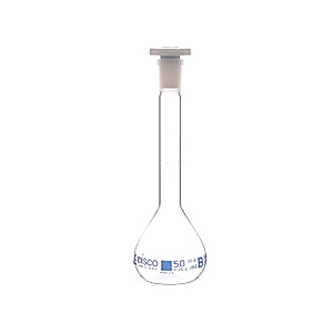 EISCO Volumetric Flask, 50ml - Class B - 12/21 Polyethylene Stopper, Borosilicate Glass - Blue Graduation, Tolerance ±0.120