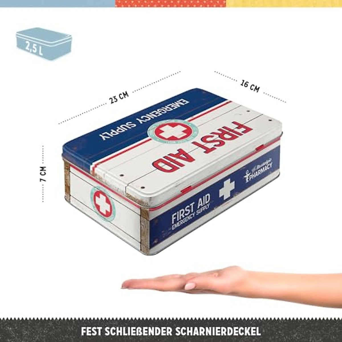 Nostalgic-Art First Aid Blue-Emergency Supply Tin Box Flat, 13 x 16 x 7 cm / 9 x 6,3 x 2,8 Inch, Multicoloured