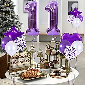 Maigendoo 11 Number Balloon Set Digit Balloons Latex Balloon Confetti Balloon Heart Star Moon Foil Mylar Balloon with Swirl Decorations for 11th Birthday Party Graduation Anniversary Event, Purple