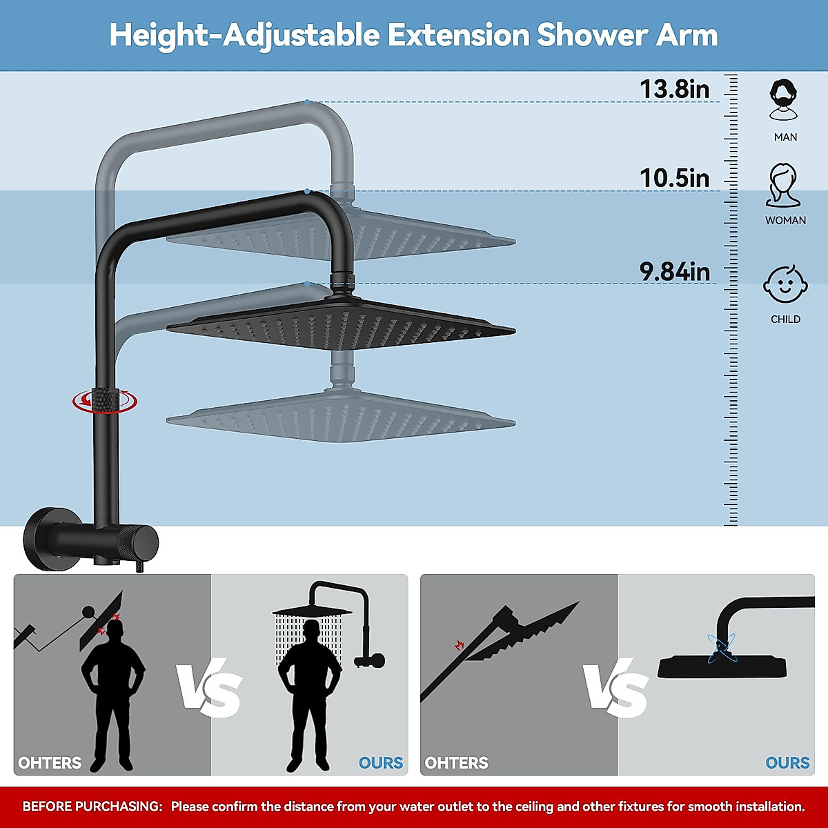 MakeFit All Metal Rainfall Shower Heads with Handheld Combo - 10 Inch High Pressure Rain Shower Head 9 Modes Handheld Shower Head with Height Adjustable Shower Extension Arm and Slide Bar Matte Black