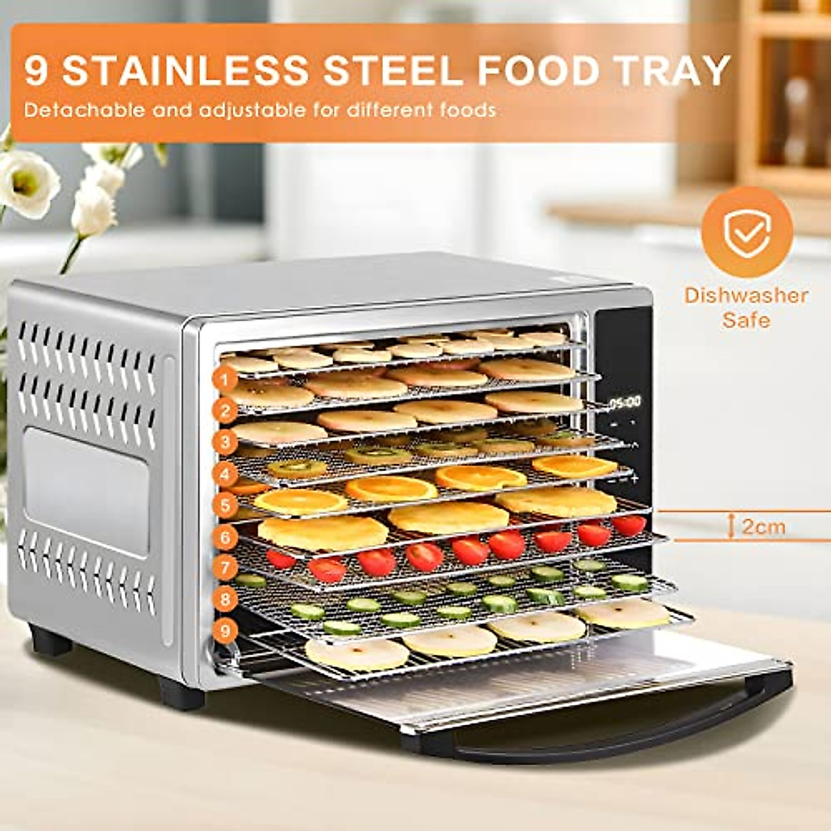 HOMOKUS Food Dehydrator 9 Stainless Steel Trays, Large Food Dehydrator Machine Usable Area up to 13.4ft², 650W Digital Touch Control Food Dryer Dehydrator with 24hrs Timer & up to 176℉ Temperature, Fruit Dehydrators for Food and Jerky, Dog Treats, Meat, V