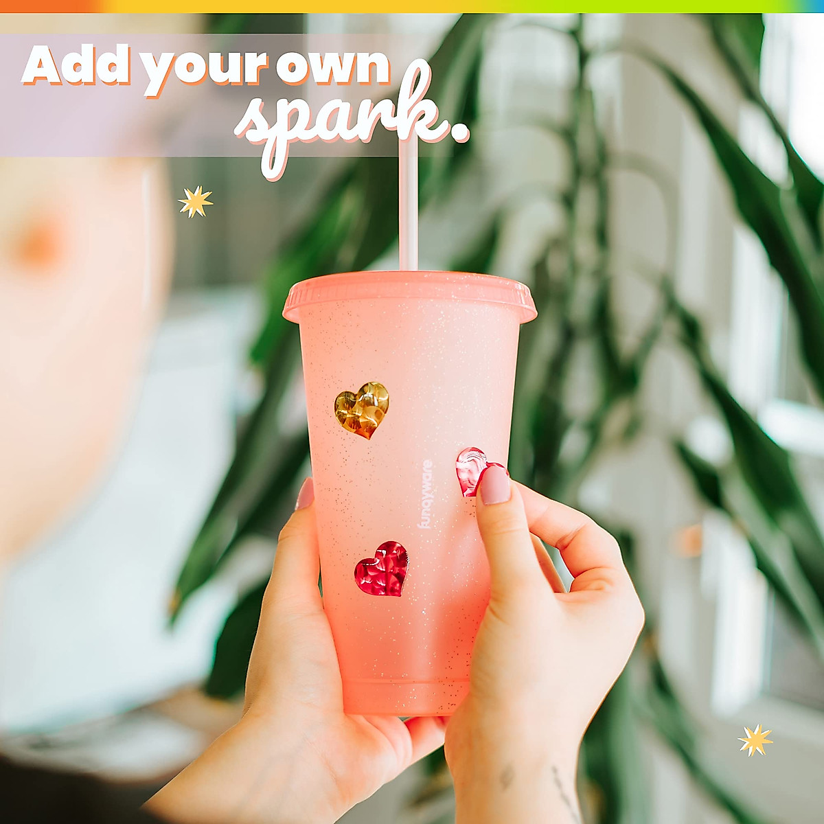 Cups with Lids and Straws for Adults - 5 Glitter Reusable Cups with Lids and Straws in Candy Colors, 24 oz Iced Coffee & Bulk Party Tumblers, Plastic Tumbler with Lid and Straw for Water & Smoothie