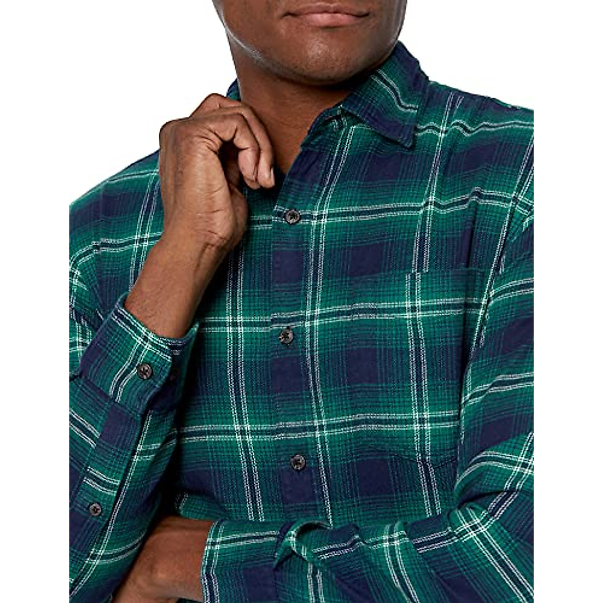 Amazon Essentials Men's Slim-Fit Long-Sleeve Plaid Flannel Shirt (Limited Edition Colors), Green Navy Plaid, Medium